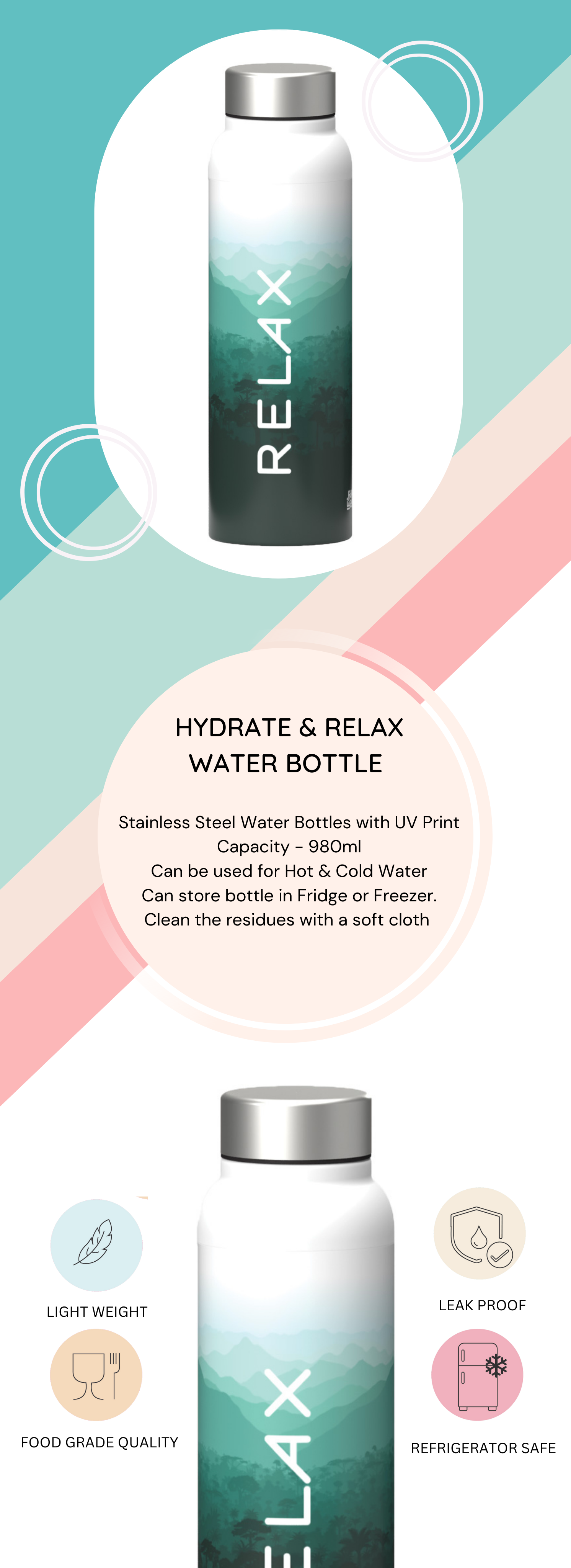 Hydrate & Relax Water Bottle 980ml – Happy Wagon